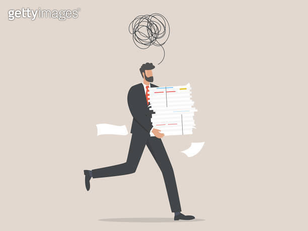 Deadlines. Businessman character running with a huge pile of documents ...