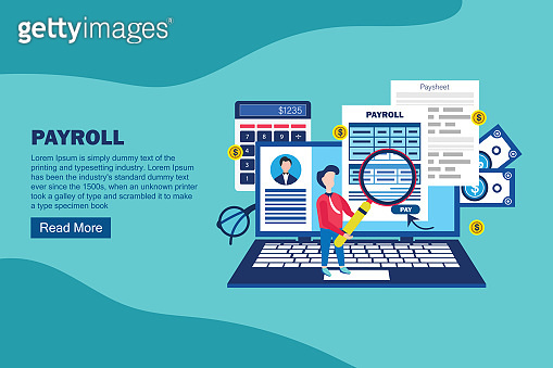 Payroll employee worker with invoice paper on the front of laptop with ...