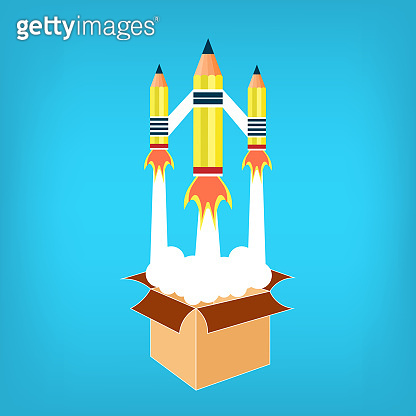 Pencil rocket takes off from an open cardboard box 이미지 (1335148843 ...