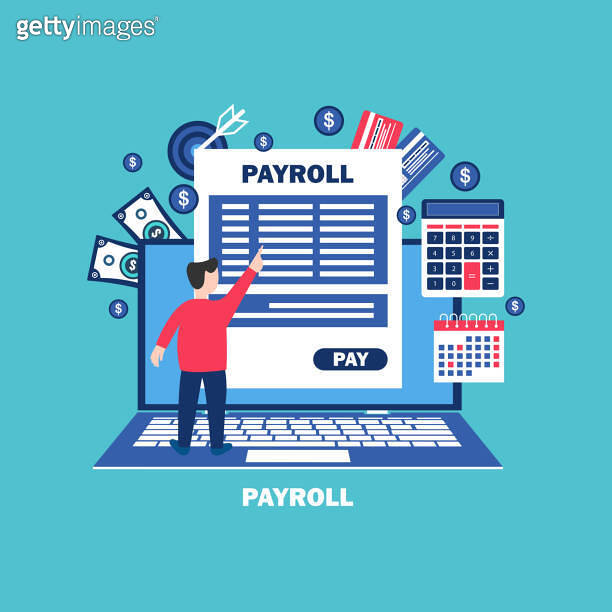 Payroll employee worker with invoice paper on the front of laptop with ...