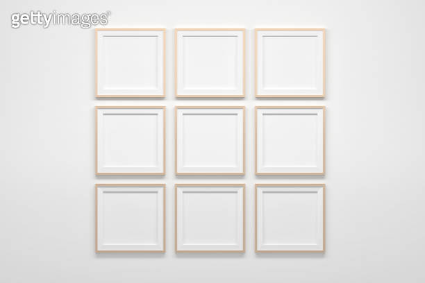 Mockup template with nine 9 square frames with light brown narrow ...