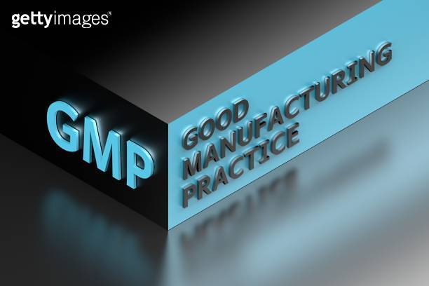 Dark metallic GMP letters standing for good manufacturing practice ...