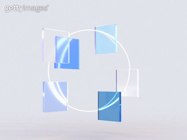 3D rendered transparent cube graphics with blue colors on a light ...