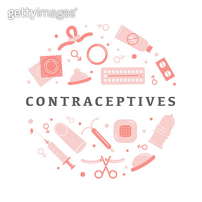 Vector flat contraception icons in circle. Square banner template ...