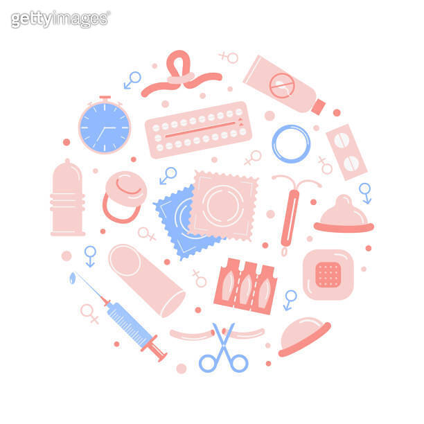 Birth control methods. Contraception colored flat icons in circle. Set ...