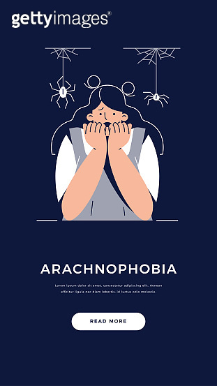 Fear of Spiders, Arachnophobia banner. Screaming Frightened woman ...