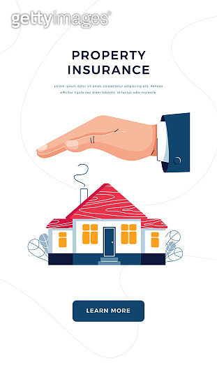 Property insurance banner. Male hands are covering house. Home safety ...
