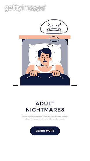 Nightmares in Adults banner. Frightened man character has a bad dream ...