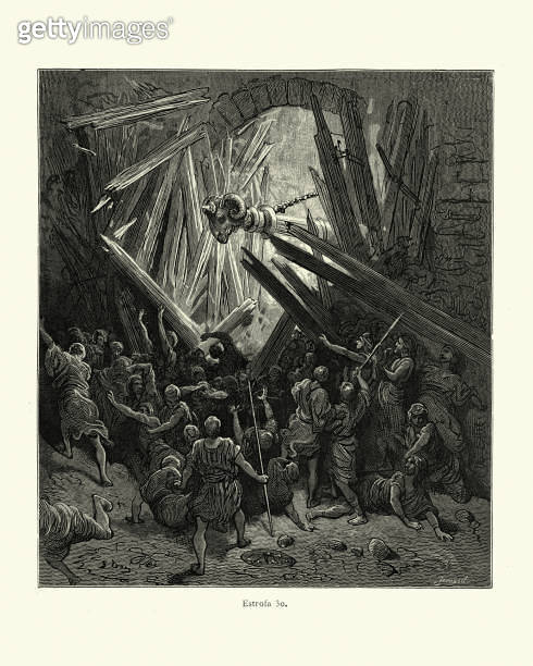 Battering ram breaking gates of a castle, Medieval siege engine ...