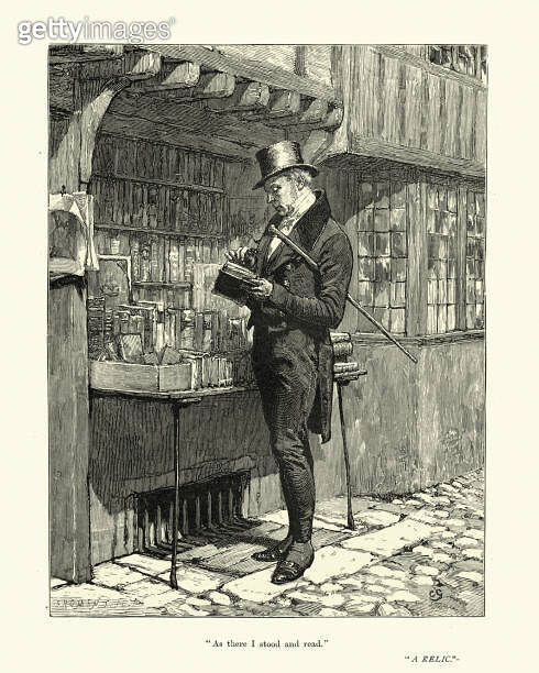 Man reading a book outside a antiquarian bookshop, Victorian 19th ...