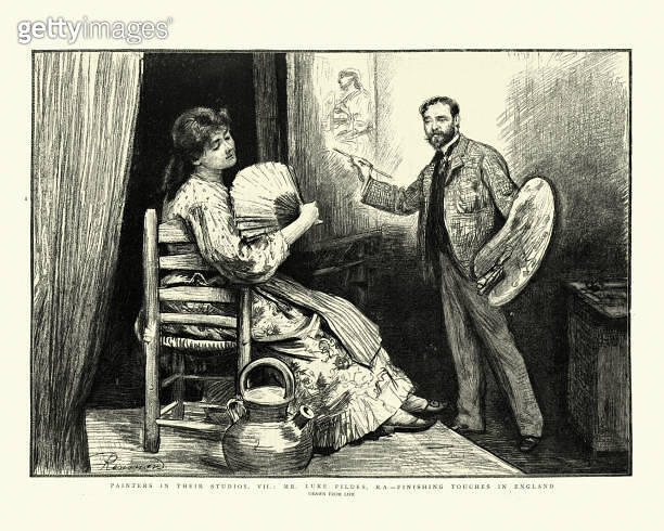 Luke Fildes, Victorian artist painting a portrait in his studio, 1880s ...