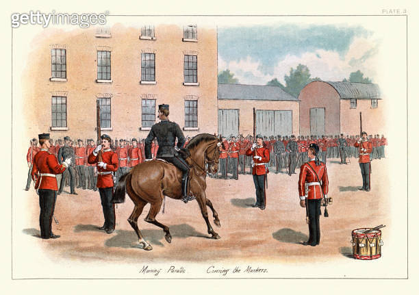 Morning Parade at Victorian British army barracks, Covering the markers ...