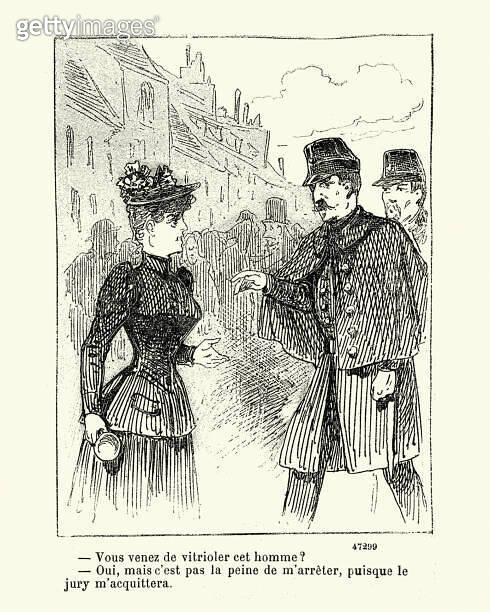 Woman arguing with police officers, Victorian french cartoon, 19th ...