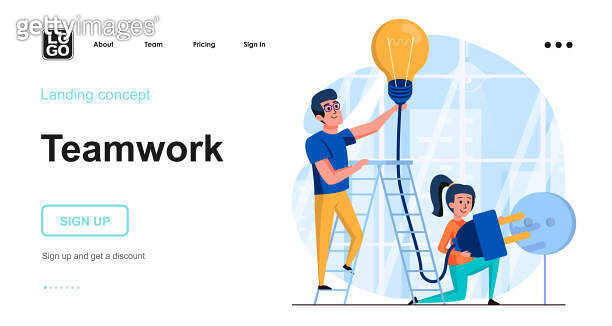 Teamwork web concept. Employees work together, complete work tasks, drive business innovation ...