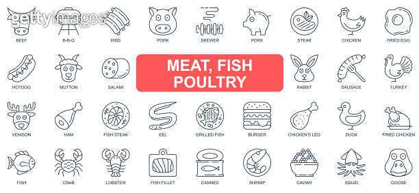 Meat, fish and poultry concept simple line icons set. Bundle of beef ...