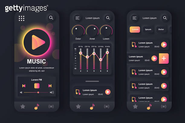 Music player concept neumorphic templates set. Play songs, equalizer ...