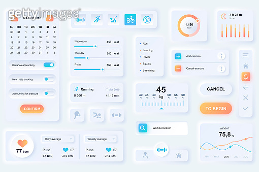 User interface elements for fitness mobile app. Unique neumorphic ...