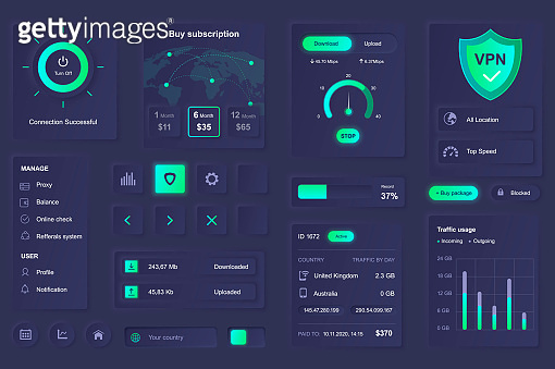 User interface elements for VPN service mobile app. Unique neumorphic ...