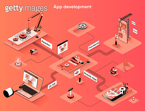App development isometric web banner. Programming smartphone mobile or computer application flat ...