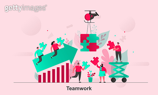 Teamwork web concept design in flat style. Team members holding puzzle ...