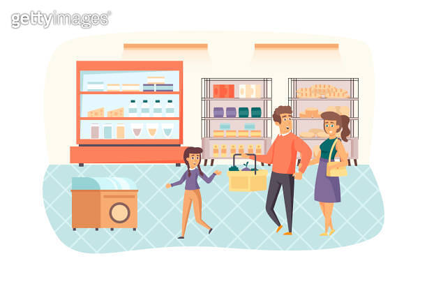 Family shopping at supermarket scene. Father, mother and daughter ...