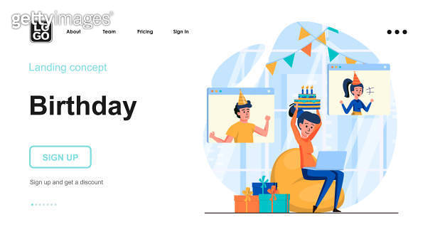 Online birthday party web concept. Woman celebrating holiday with ...