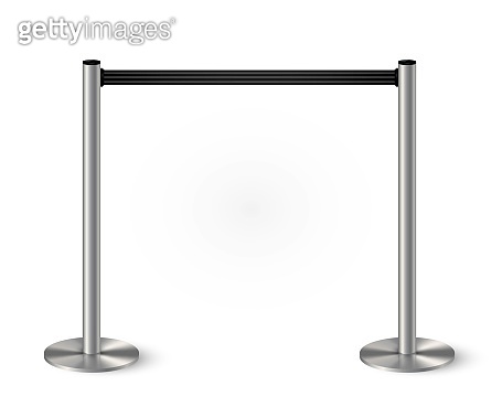 Belt barrier with stanchions and black rope. Security control metal ...