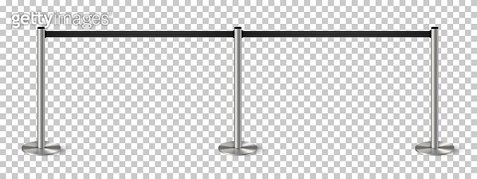 Belt barrier with stanchions and black ropes. Security control metal ...