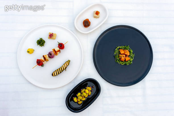 Top view on a complete four course meal in gourmet restaurant. 이미지 ...