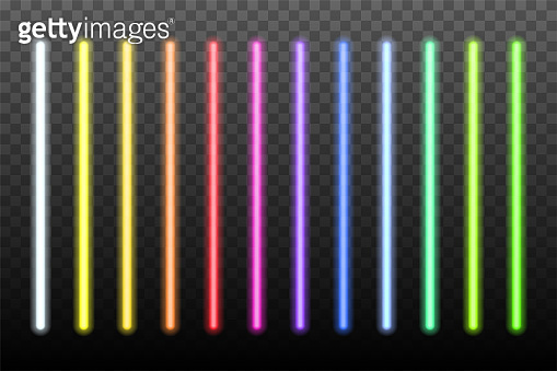 Neon light sticks set on transparent background. Blue, white, yellow ...