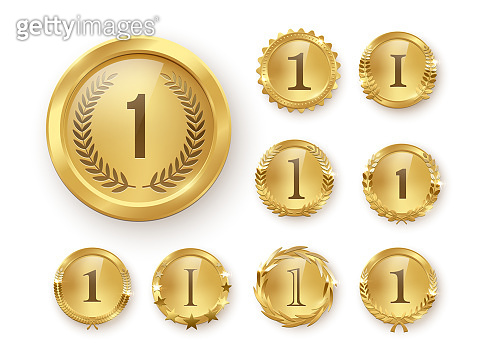 Gold medal award, number 1 prize set, golden first place winner trophy ...