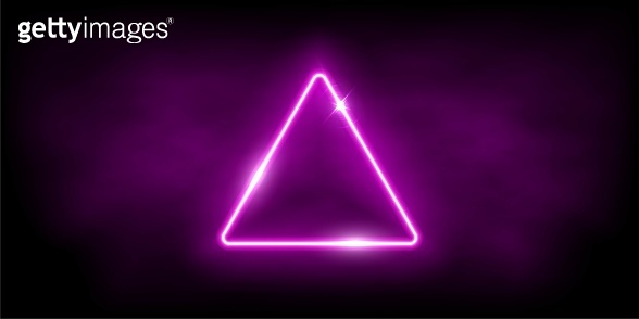 Glowing neon pink triangle with sparkles in fog abstract background ...