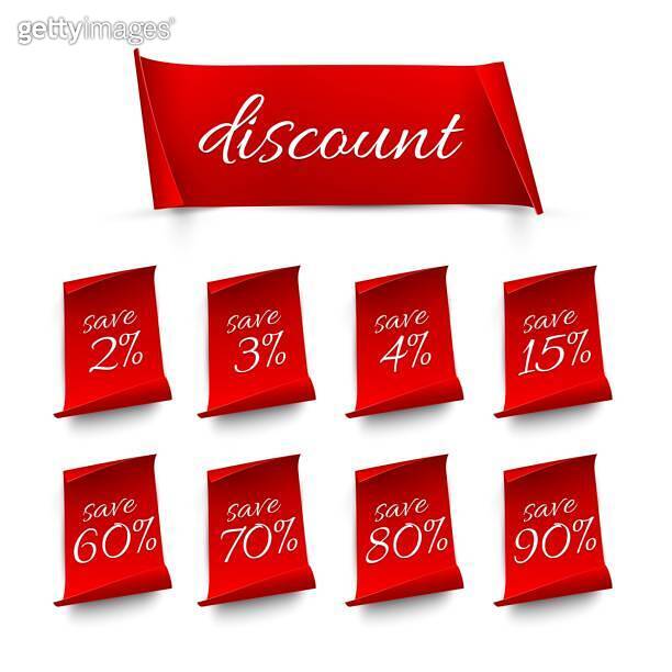 Red discount labels set. Sale banner stickers with different percent ...