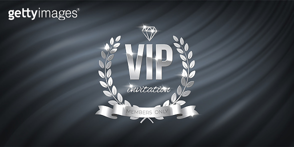 VIP invitation with shiny glowing silver diamond over laurel wreath and ...