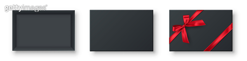 Gift box with red bow set. Blank black rectangle open and closed ...