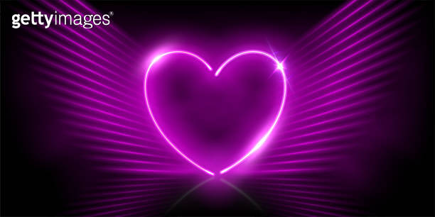 Glowing neon purple heart with wings and sparkles in fog abstract ...