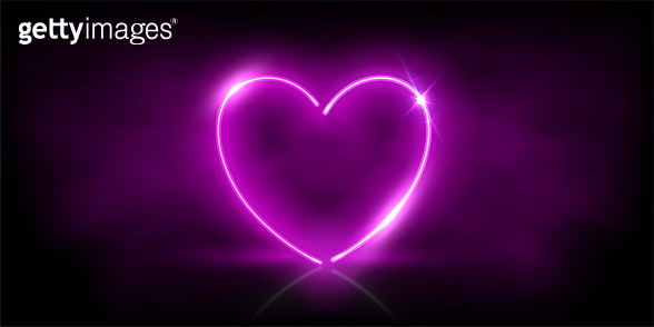 Glowing neon purple heart with sparkles in fog abstract background ...
