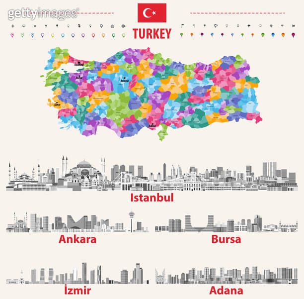 Turkish skylines in grayscale color palette. Flag and map of Turkey ...