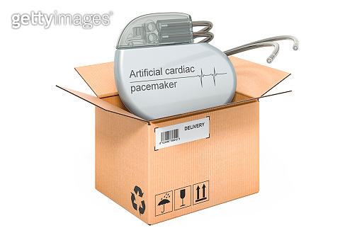 Artificial cardiac pacemaker inside cardboard box, delivery concept. 3D ...