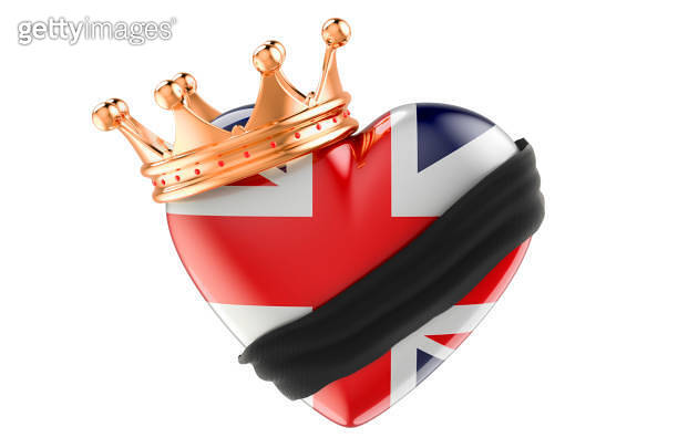 Mourning in the United Kingdom concept. British heart with black ribbon ...