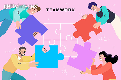 Business people assembling jigsaw puzzle and represent team support ...