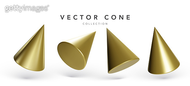 Set of realistic golden geometric cones with shadow isolated on white ...