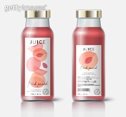 Peach juice packaging. Beautiful transparency whole and cut fruits ...