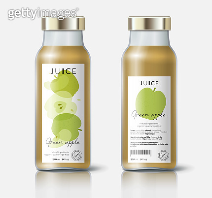 Apple juice packaging. Beautiful transparency whole and cut fruits ...
