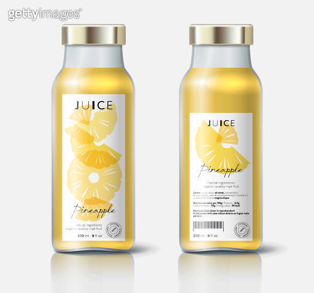 Pineapple juice packaging. Beautiful transparency whole and cut fruits ...