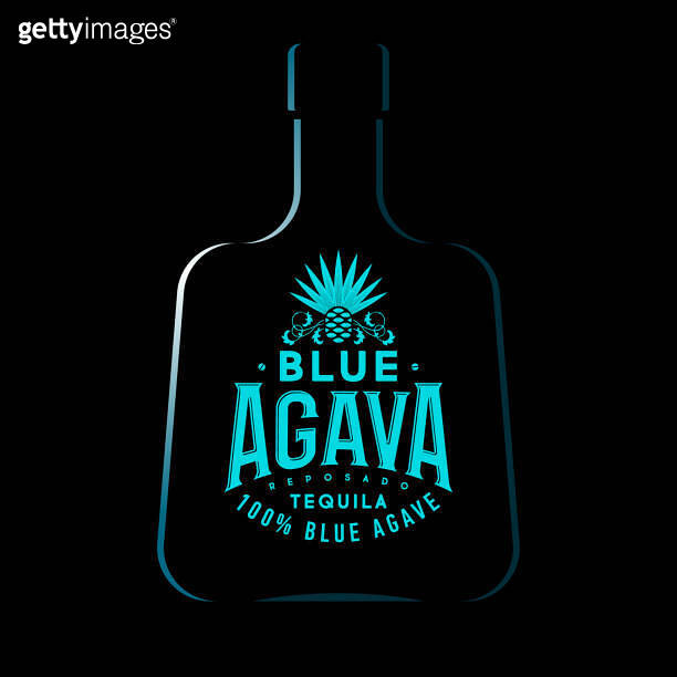 Tequila emblem. Blue Agave Tequila label. Blue vintage letters and ...