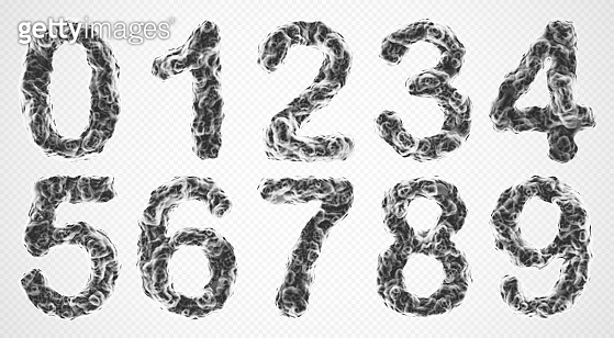 Set of smoky 3D numbers. Realistic smoke clubs or clouds in shape of ...