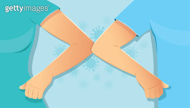Elbow bump concept. Man and woman hit elbow for greeting. Safe greeting ...