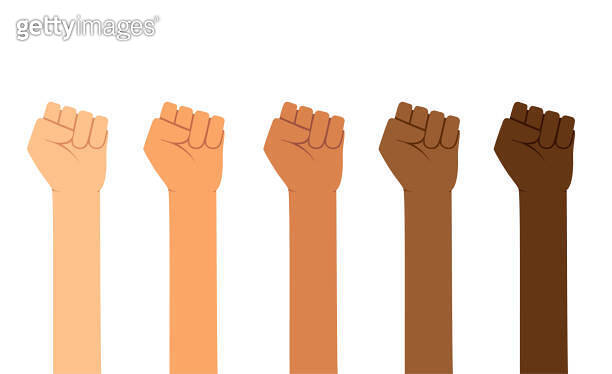 Different skin colors fist hands rise up. Empowering, Labor day, humans ...