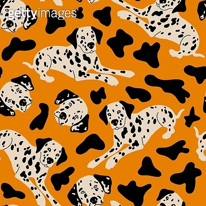 Vector seamless pattern Dalmatians and black spots on orange background ...